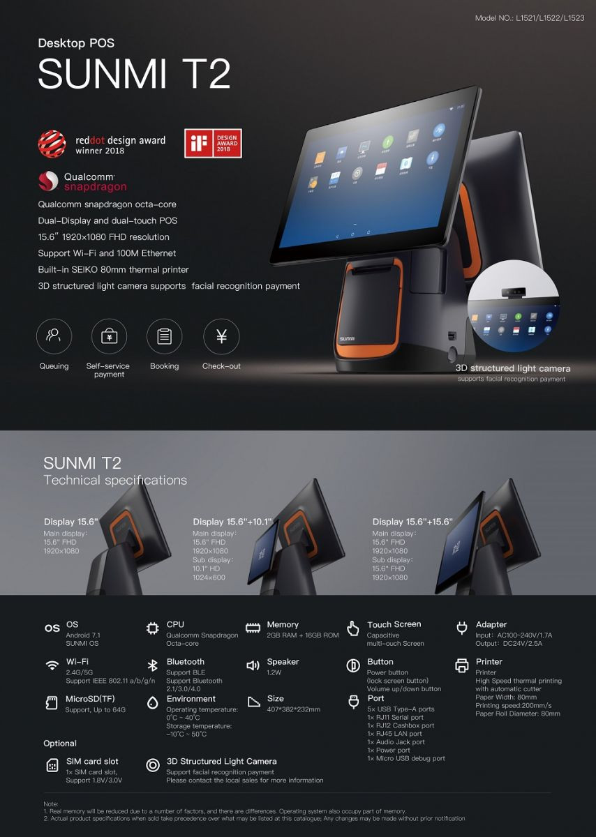 Máy POS bán hàng Sunmi T2 - 2 Màn Hình - Bảo hành 12 tháng